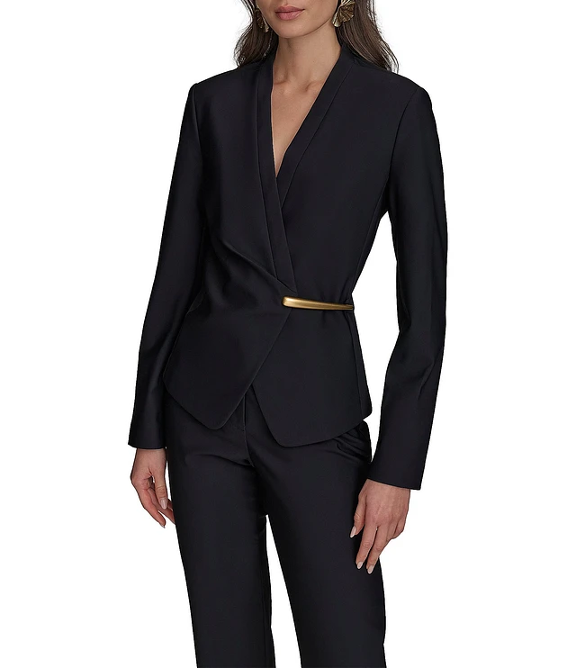 Donna Karan Gold Bar Hardware V-Neck Long Sleeve Wrap Jacket at ...