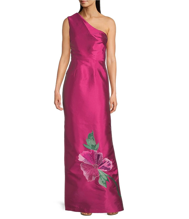 Kay Unger Taffeta Beaded Floral Placement Print One Shoulder Neck ...